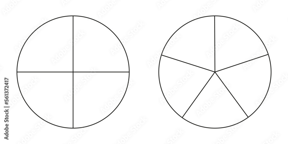 Pie chart, diagram set, four and five sections or steps. Circle icons ...
