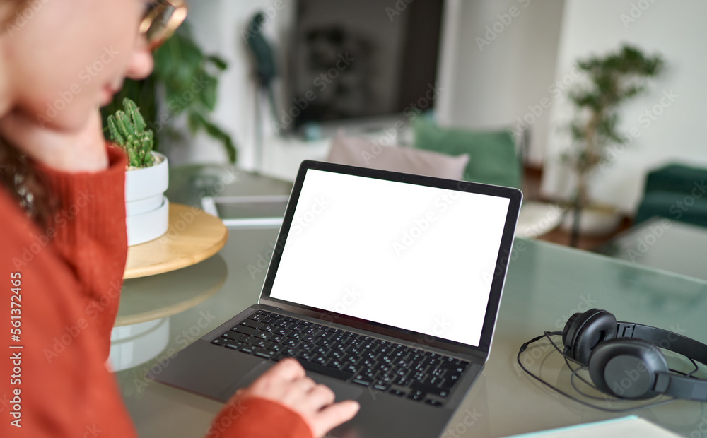 Over shoulder view of woman student elearning looking at white mock up ...