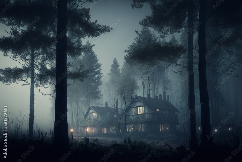 a tavern in a foggy medieval twilight forest village, created by a ...