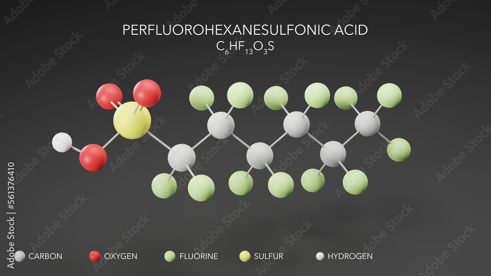 Perfluorohexanesulfonic acid molecule, 3d ball and stick model ...
