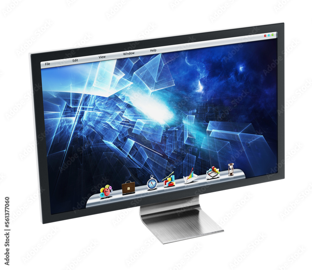 Computer monitor with blue desktop wallpaper on transparent background ...