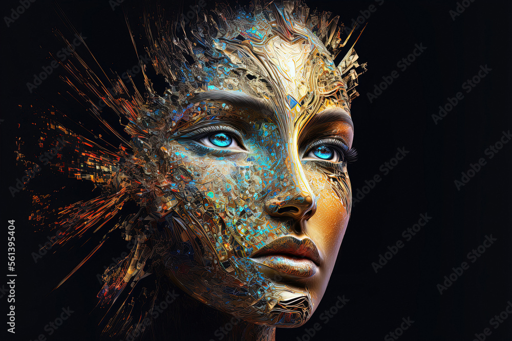 Side view of a humanoid cyber girl with a neural network. Artificial ...