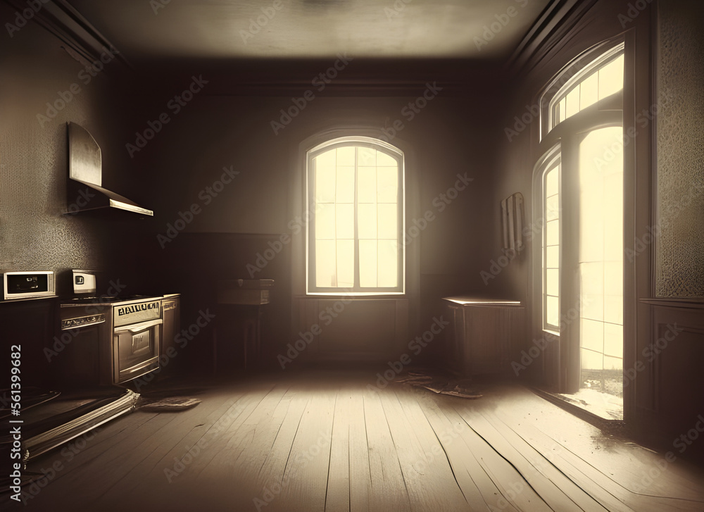 Dark atmospheric illustration of an empty abandoned kitchen in an old ...