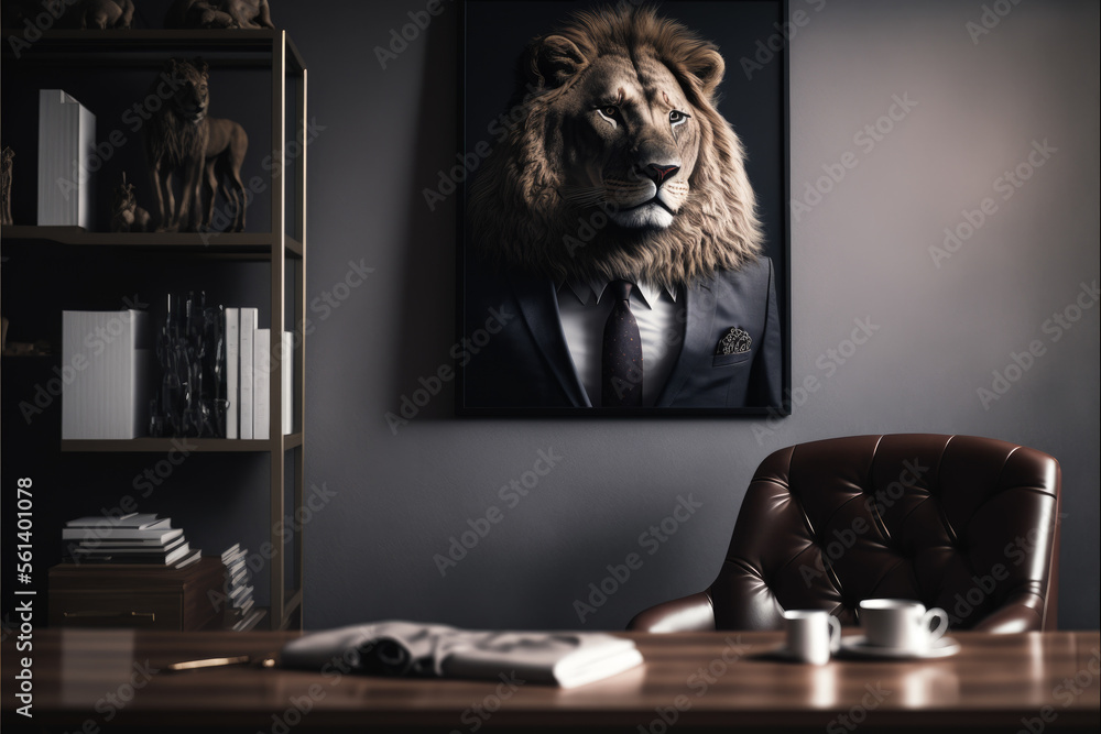 office with an image showing a lion in a business suit on the wall ...
