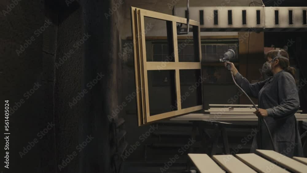 Wood coloring process in the woodwork workshop. Female Worker is slowly ...