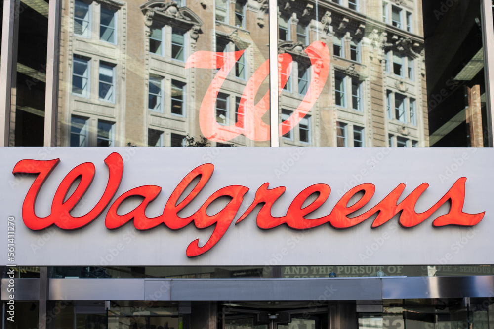 Boston, MA, USA - June 30, 2022: Walgreens logo is seen at the entrance ...