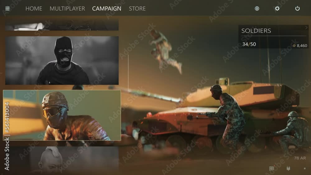 Menu of the shooter warfare simulator computer game. Spawning on the factory map of the shooter ...