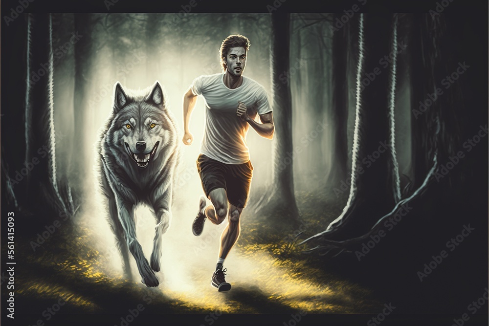 Boy running in the dark magic forest with his wild animal pet. A man ...