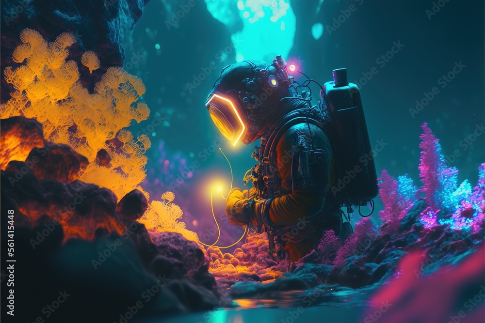 Dive jump into the deep bright neon sea created with generative ai ...
