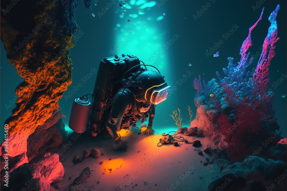 Dive jump into the deep bright neon sea created with generative ai ...