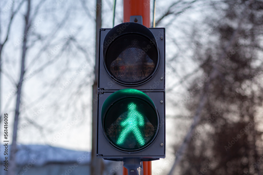Green light on a pedestrian traffic light. Safe crossing of the road by ...