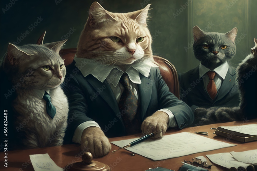 group of cats dressed in suits and ties, gathered around a conference ...