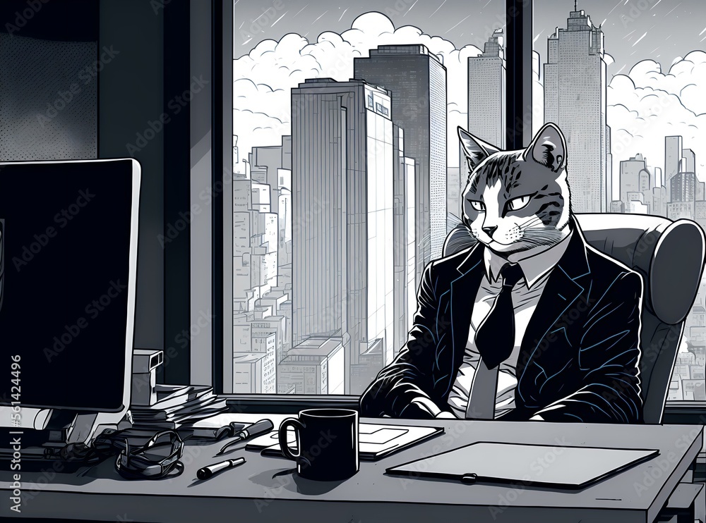 cat wearing a suit sitting in a leather office chair with a cityscape ...