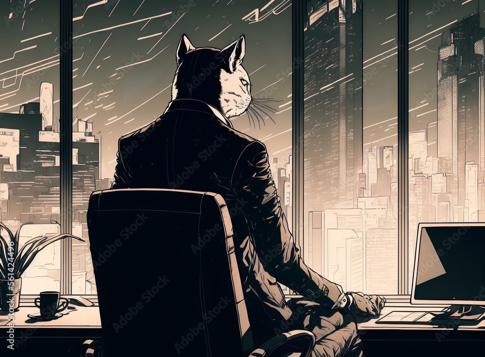 cat wearing a suit sitting in a leather office chair with a cityscape ...
