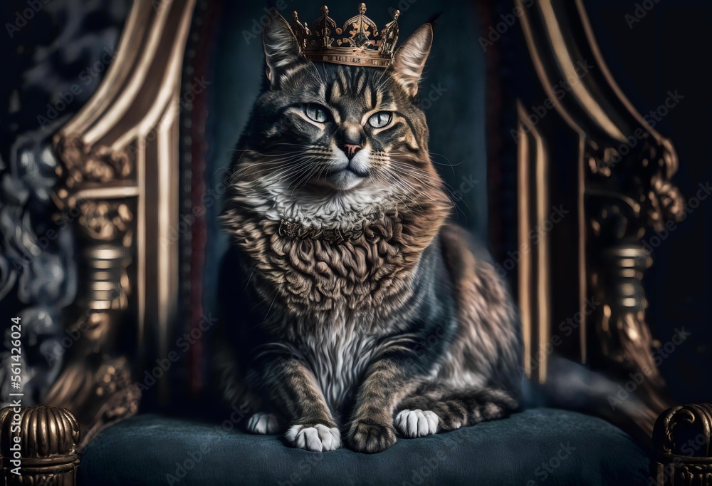 photo of a cat sitting on a throne or a high place, wearing a crown ...
