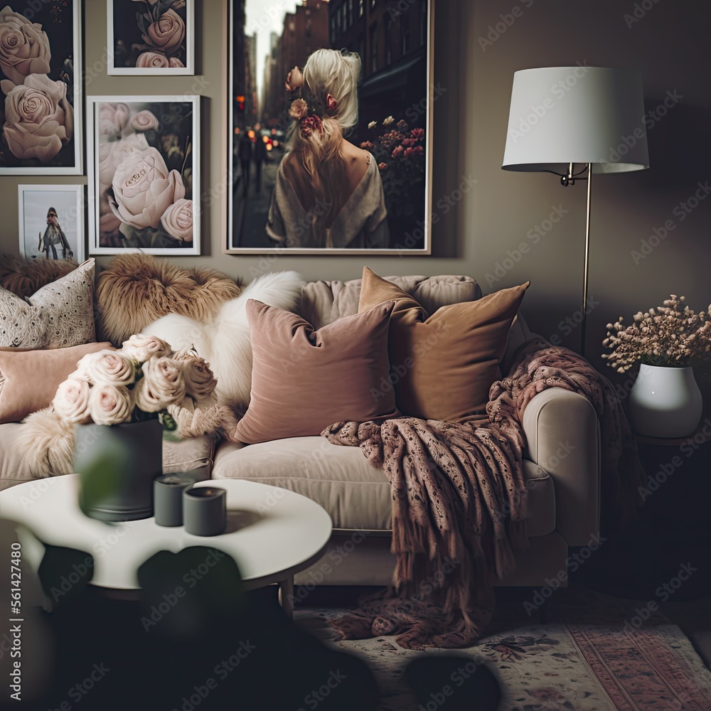 Boho inspired living room with muted blush pink and beige florals and a ...