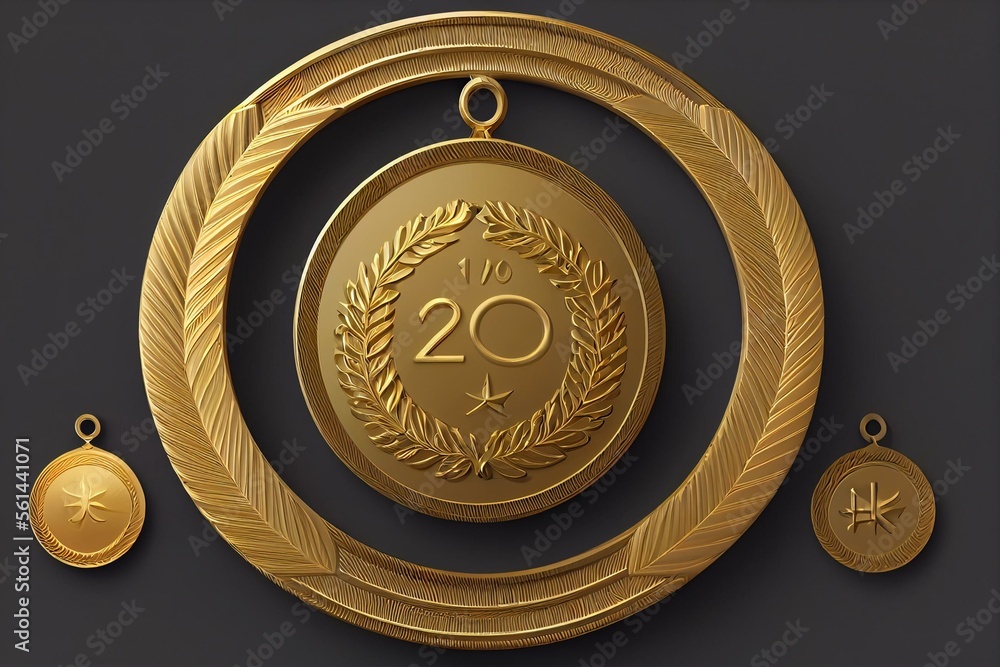 Gold medal with laurel wreath, circle award set, 3d golden winner badge ...