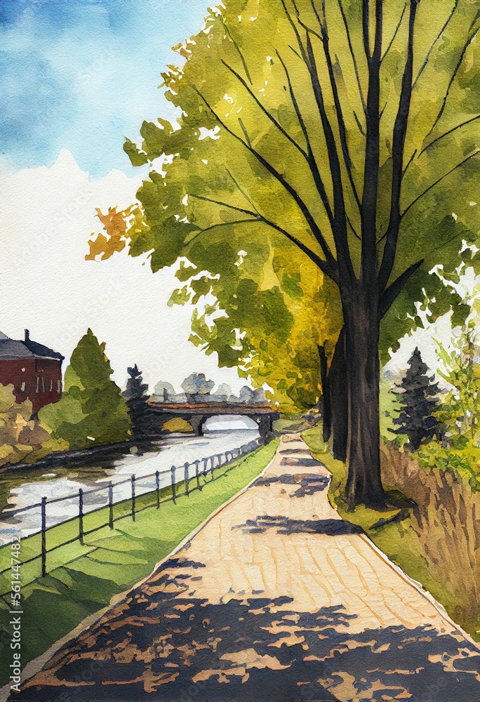 Path trail along the river canal park, walkway trees, grass, watercolor ...