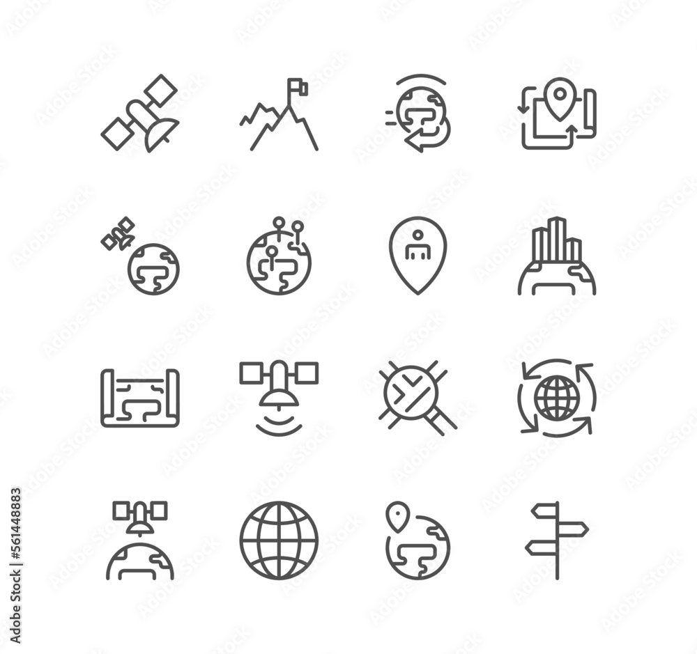 Set of global navigation related icons, world map, branch office ...