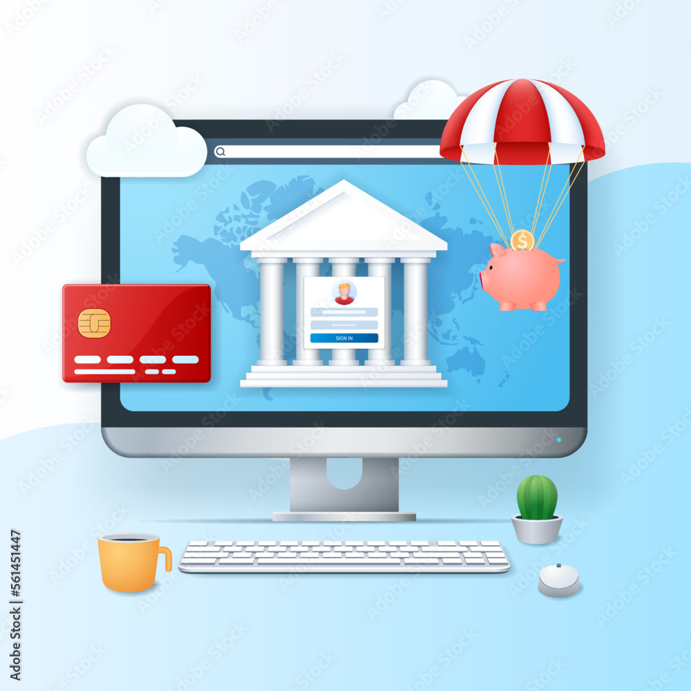 Online banking banner. Computer with bank building and login window ...
