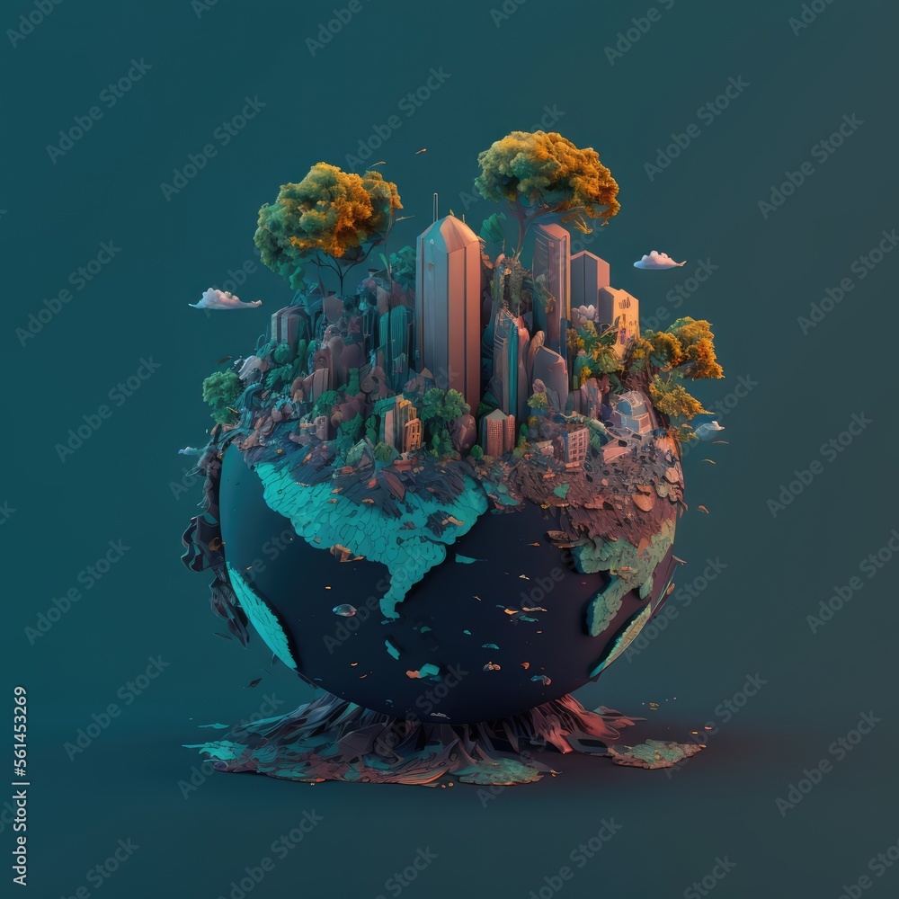Ethereal green island floating in the sky, complete with a mountain, a ...