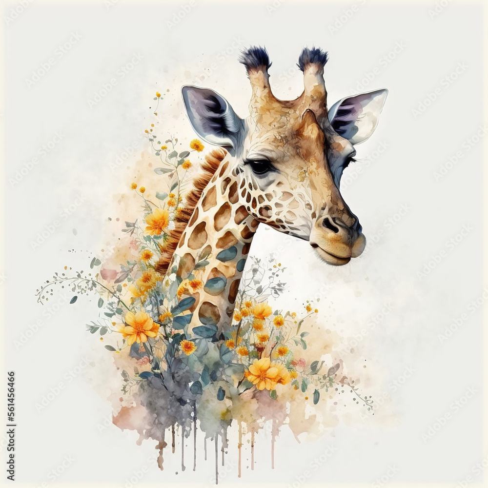 watercolor giraffe with flowers around, Generative AI Stock ...