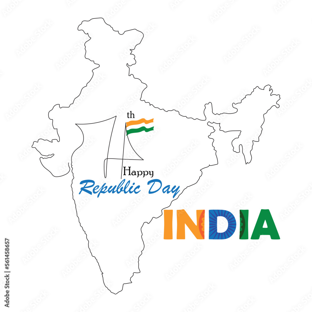 India map in single line art for 74th Republic day with tricolor. 26 ...
