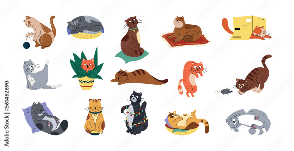 Cartoon cat sleep and playing, doodle drawing animal pets. Cute funny ...