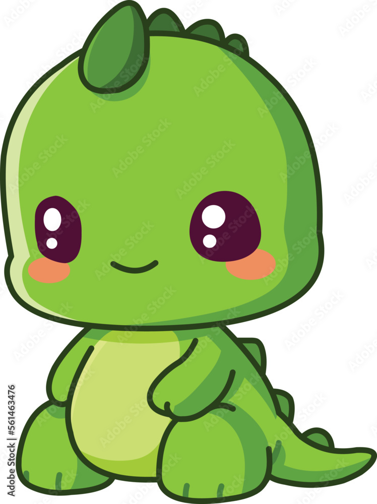 Smiling green baby dino dinosaur sitting in a chibi style Stock ...