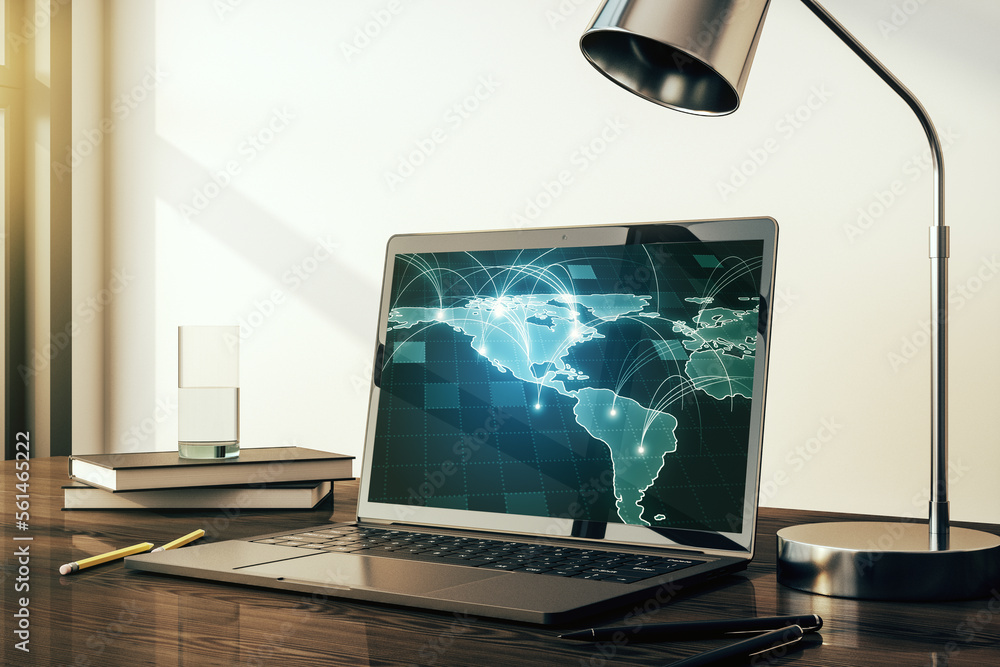 Foto de Abstract digital world map with connections on modern computer ...