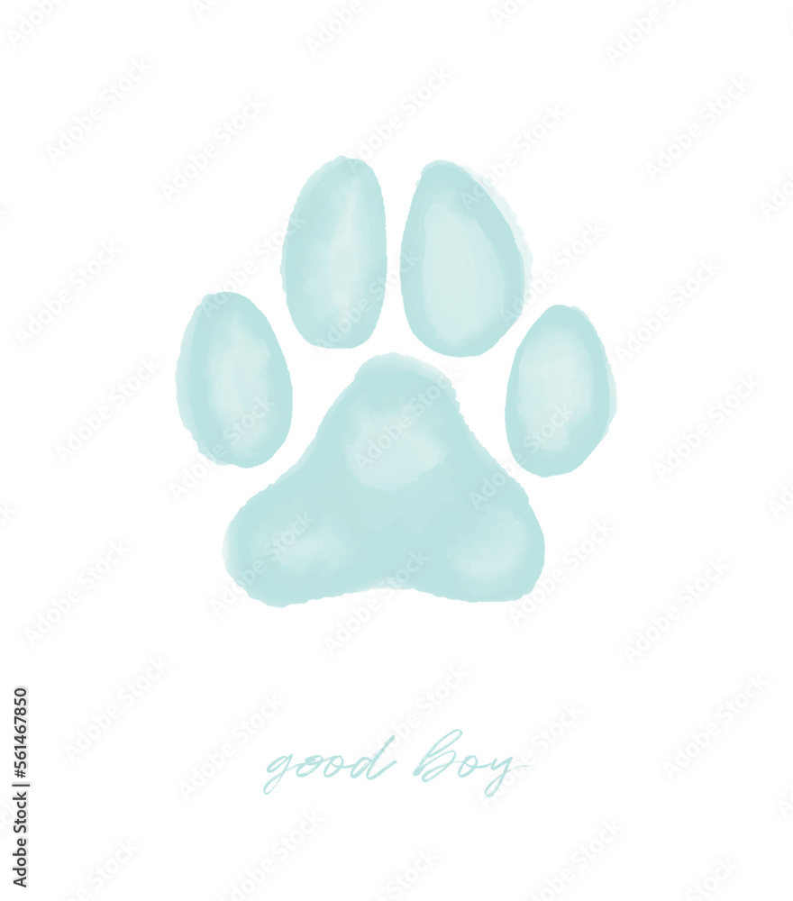 Good Boy. Watercolor Painting Style Dog's Paw Print. Pastel Blue Paw on ...