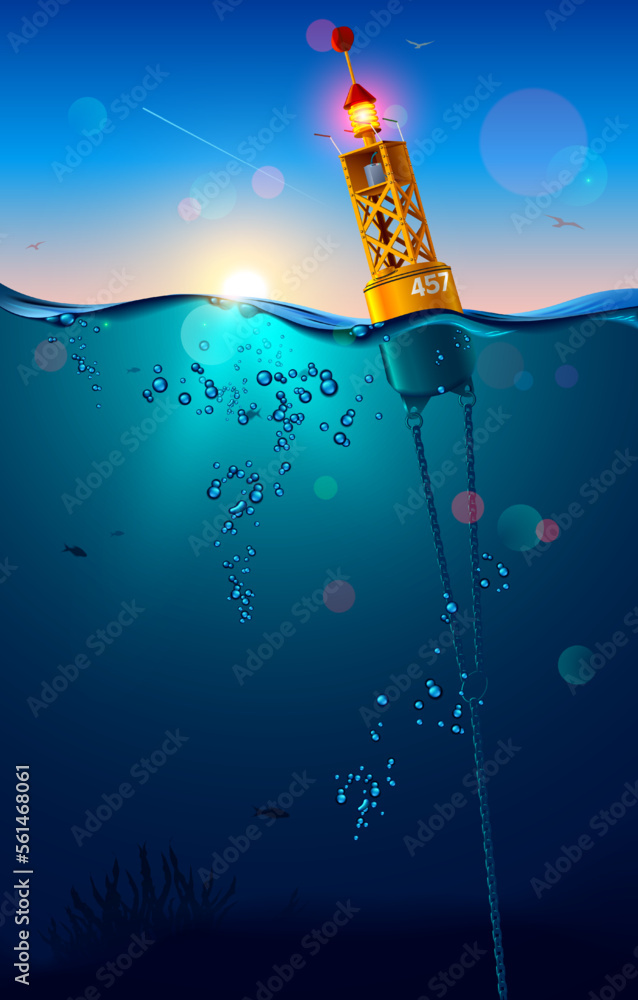 Sea buoy on water surface. Buoy is chained to the seabed. Marine ...