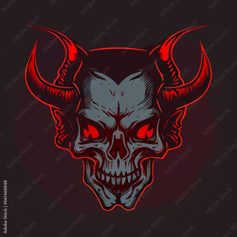 human skull with demon horns, satanic ritual flat design Stock ...