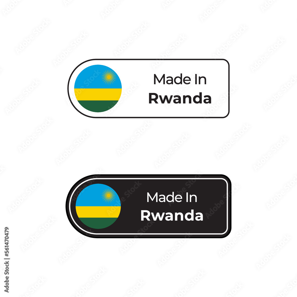 Made in Rwanda labels design set with flag and text in two different ...
