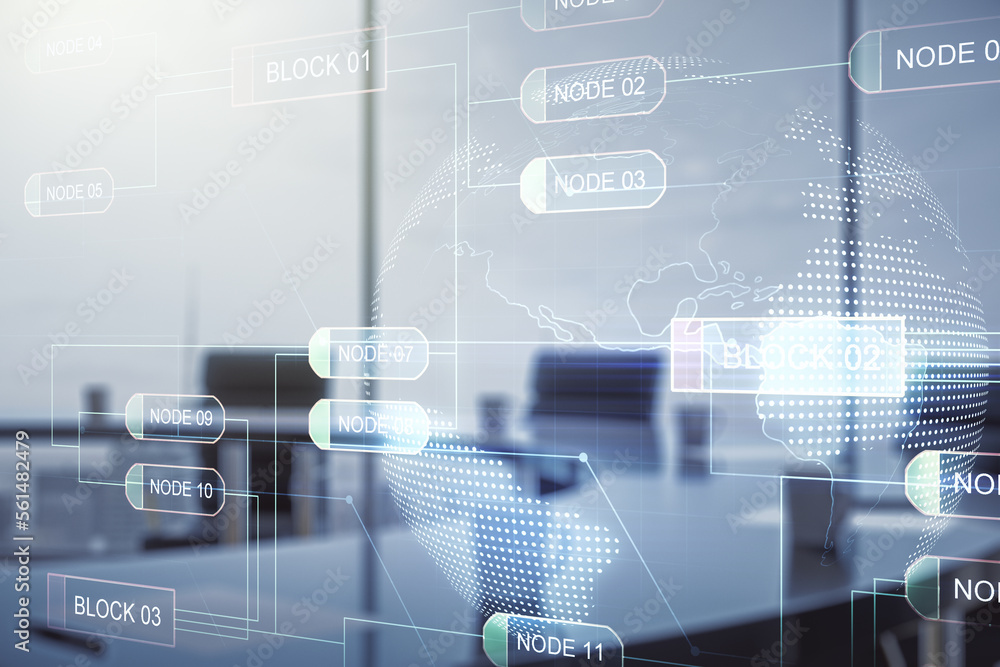 Multi exposure of abstract programming language hologram and world map ...