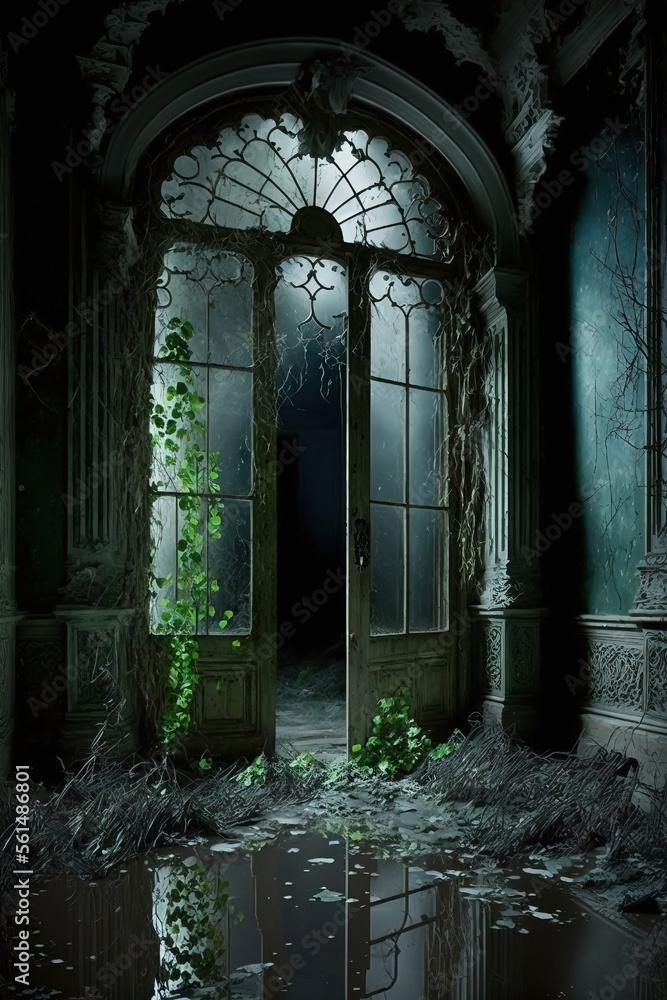 Abandoned old Victorian mansion interior. Doorway with moss and ivy ...