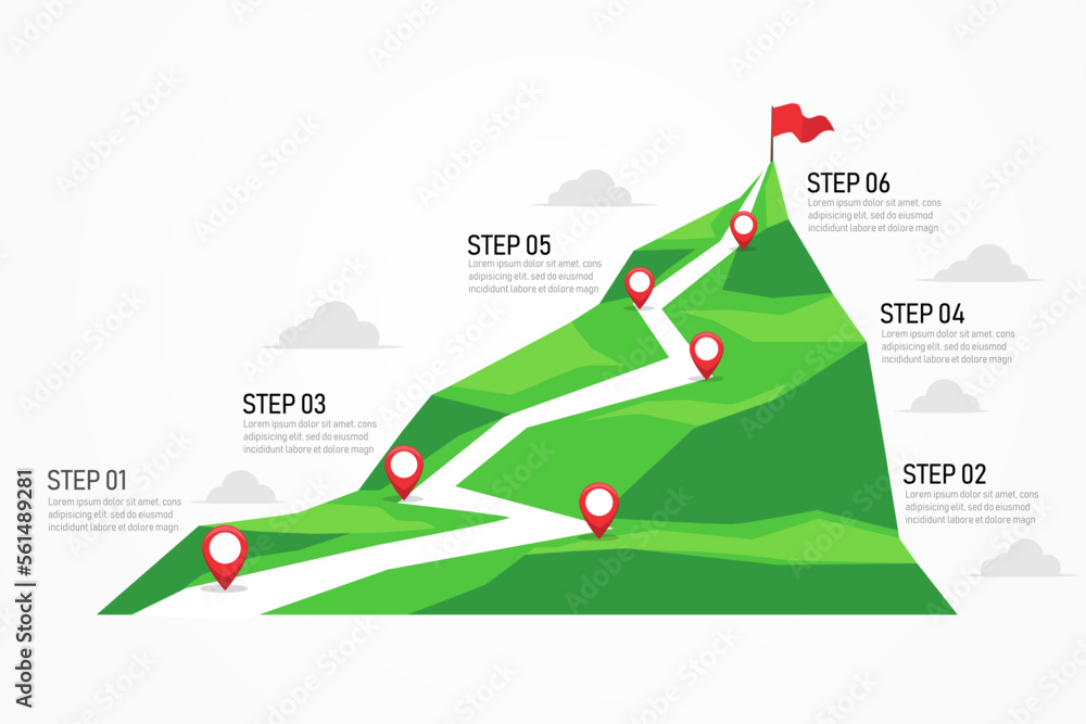 Vetor de Path on mountain infographic to success. Six step mountain ... Vetor de Path on mountain infographic to success. Six step mountain ...