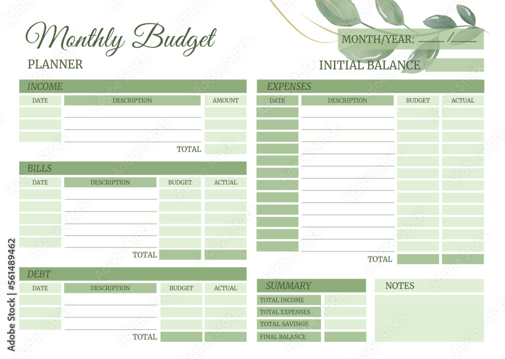 Monthly budget planner. Bills, Debts, Expenses, Income on on one page ...