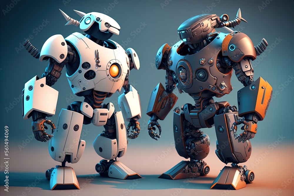 cartoon robots in battle. robots with artificial intelligence and armor ...