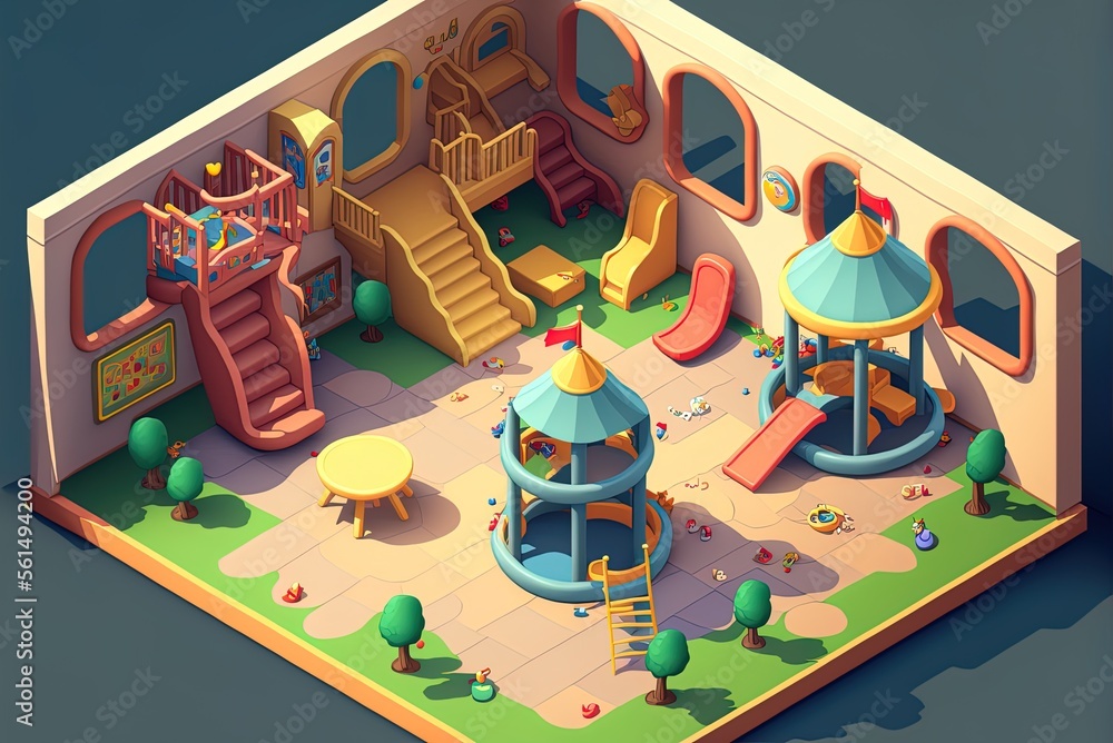 Illustrations of children's play areas and classrooms in a cartoon ...