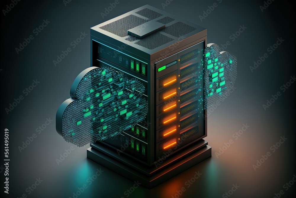 Image of a server rack at a data center with a laptop computer linked ...