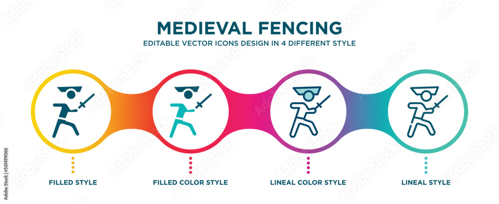 medieval fencing icon in 4 different styles such as filled, color ...