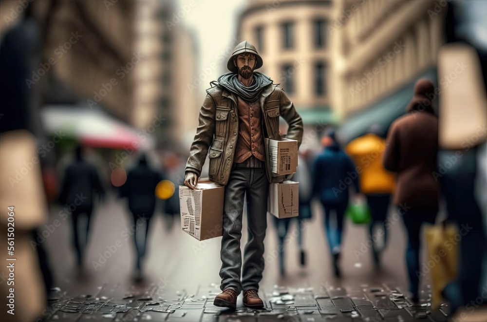 portrait of a paper man walking on urban street with blur crowd of ...