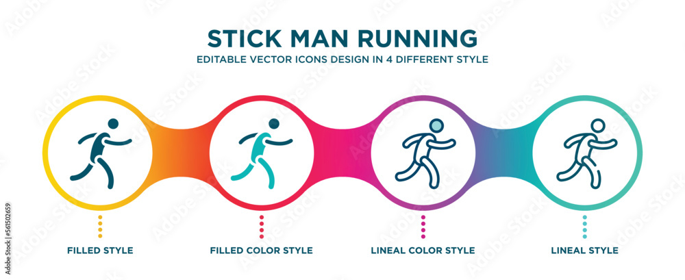stick man running icon in 4 different styles such as filled, color ...