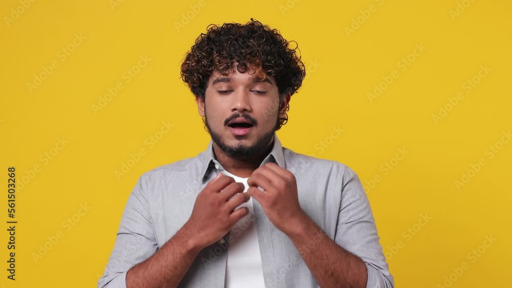 Young scared shocked sad Indian man 20s wears casual grey shirt look ...