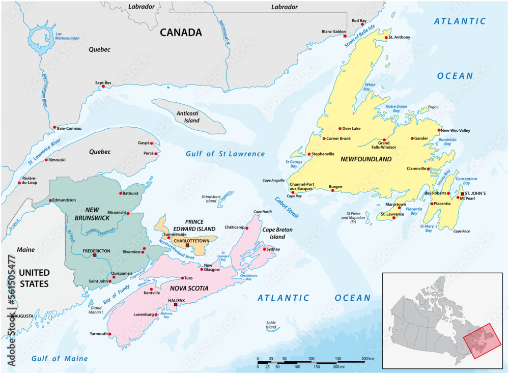 Detailed vector map of the four Canadian maritime provinces Stock ...