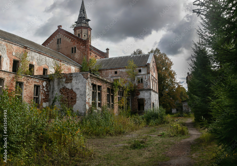 Facade of a half-destroyed damaged Gothic building surrounded with ...
