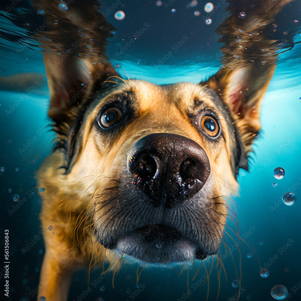 Funny dog German Shepherd dives underwater, muzzle close-up.Cute diver ...