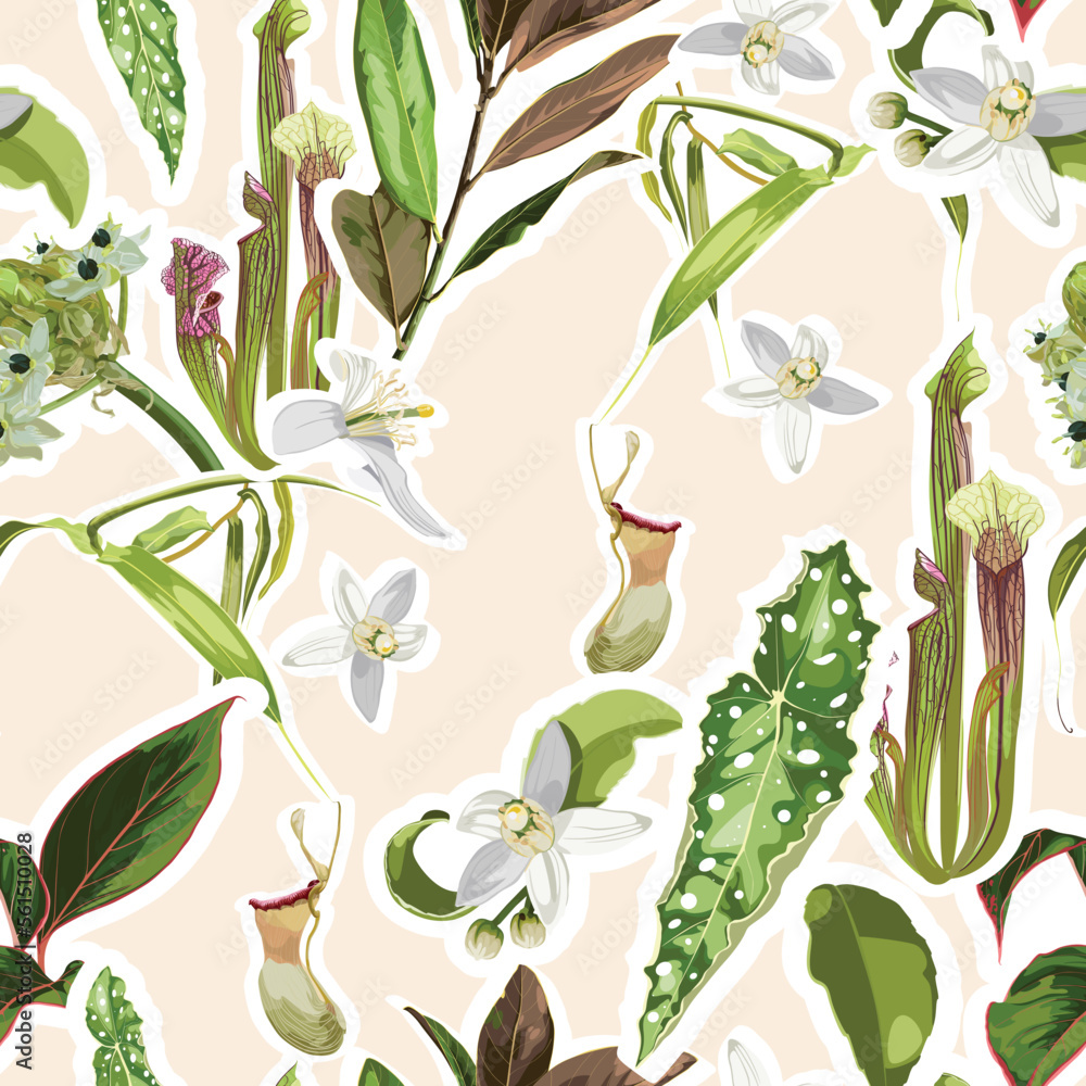 Tropical seamless pattern. Summer print. Jungle rainforest. Sarracenia ...