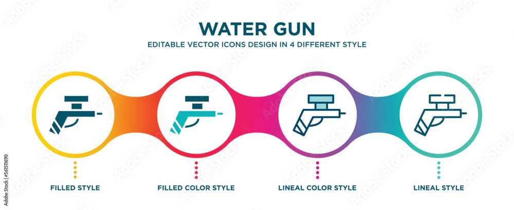 water gun icon in 4 different styles such as filled, color, glyph ...